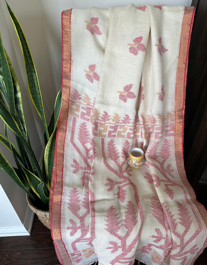 Elegant Handwoven Linen Saree in Off-White with Rose Pink Motifs – Nine ...